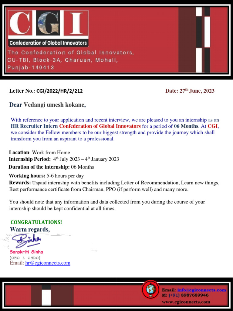 CGI Offer Letter Vedangi | PDF