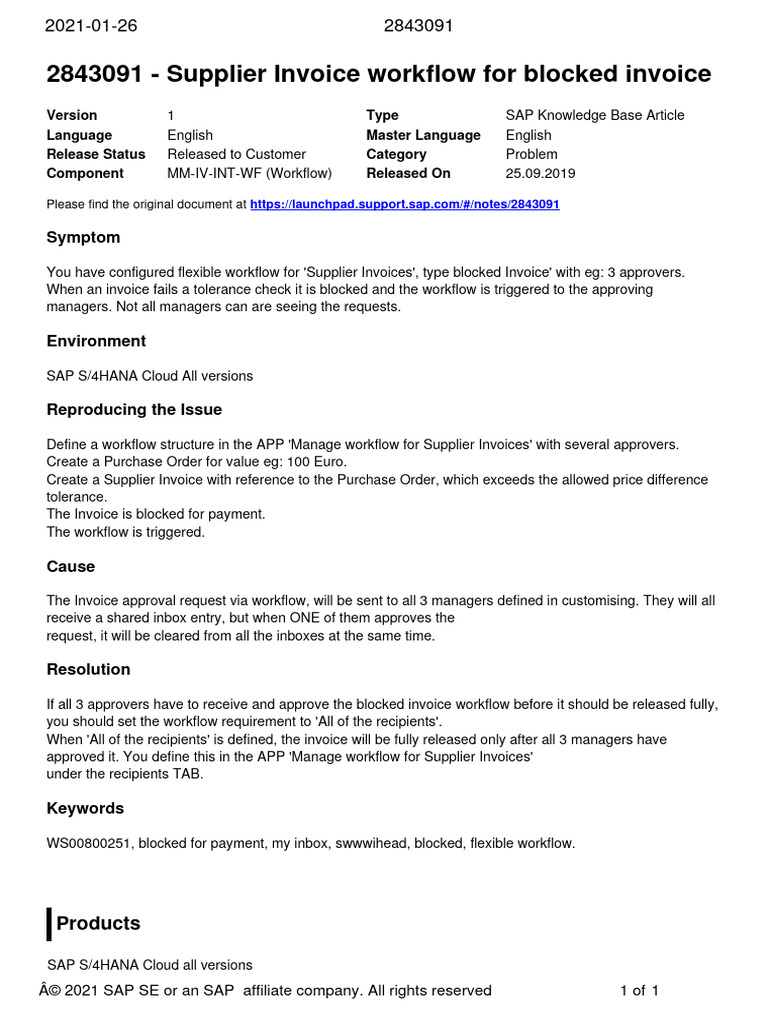 OSS Note 2843091 - Supplier Invoice Workflow For Blocked Invoice | PDF