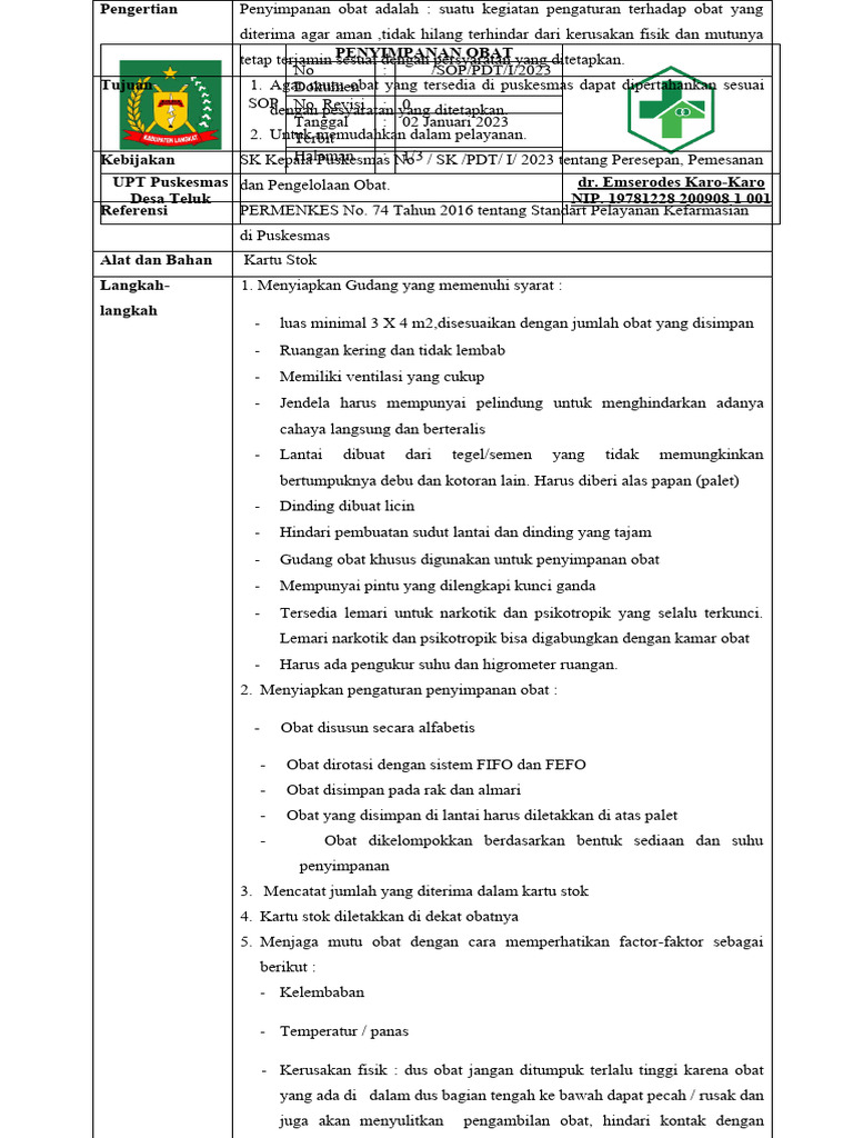 Sop Penyimpanan Obat Pdf