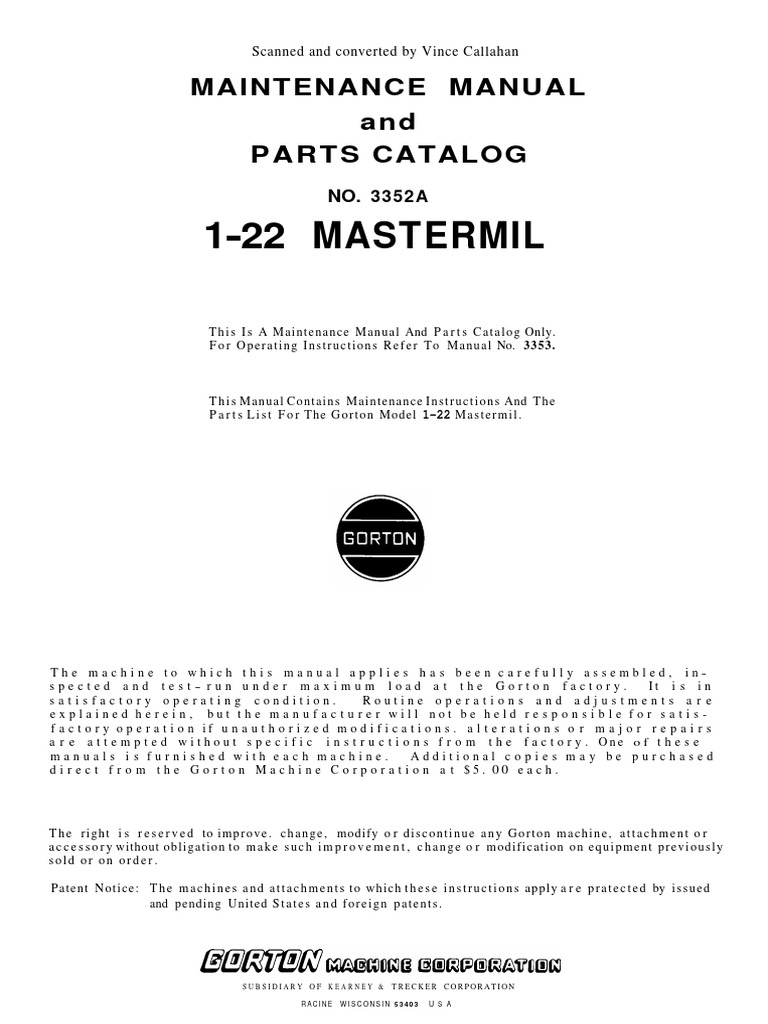 Gorton MasterMill Maintenance Manual | Download Free PDF | Electric Motor | Screw