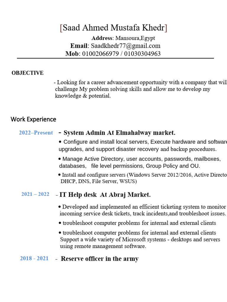 Saad Khedr CV | PDF | Server (Computing) | Local Area Network