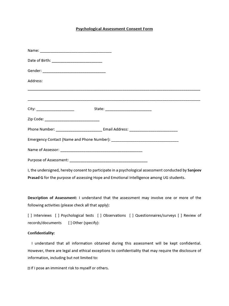 Psychological Assessment Consent Form Sanj | PDF | Informed Consent ...