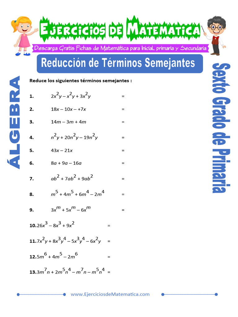 Ejercicios de Reduccion de Terminos Semejantes para Sexto de Primaria | PDF