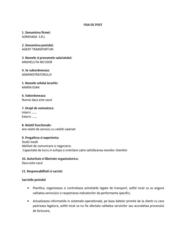 Fisa Post AGENT TRANSPORTURI | PDF