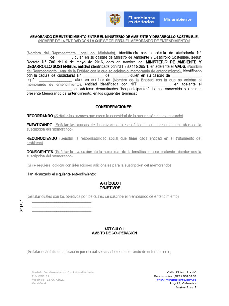 Modelo de Memorando de Entendimiento | PDF | Memorando de entendimiento ...