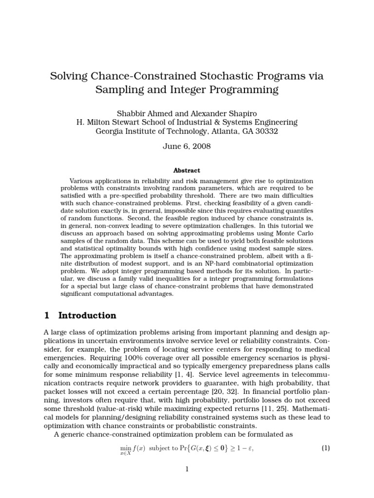 Solving Cahnce-Constrained Stochastic Programs Via Sampling and Integer Programing | PDF ...