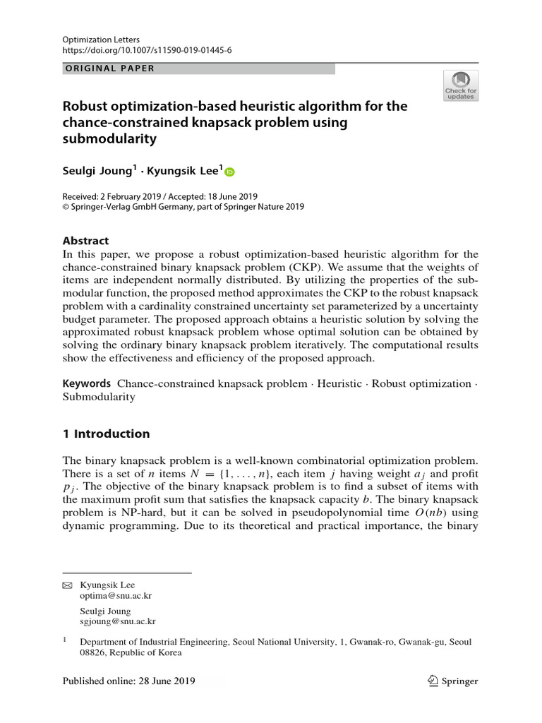 Robust Optimization-Based Heuristic Algorithm For The Chance-Constrained Knapsack Problem Using ...