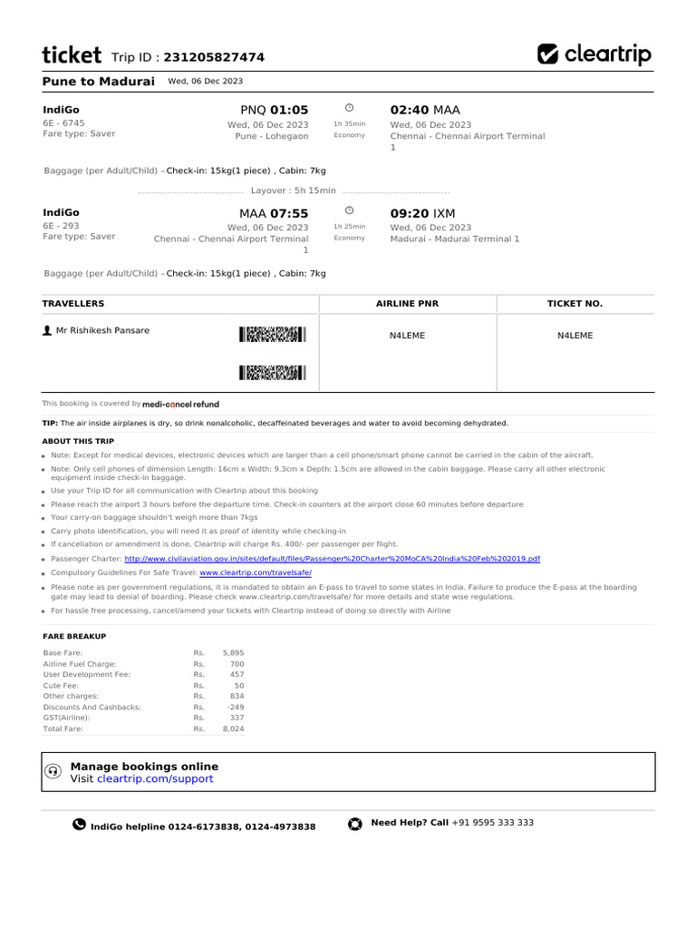 Cleartrip Flight E-Ticket | PDF