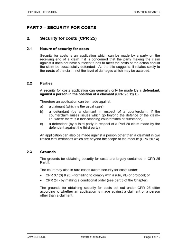 22-23 Civil Litigation Chapter 8 Part 2 ONLY Security For Costs | PDF | Costs In English Law ...