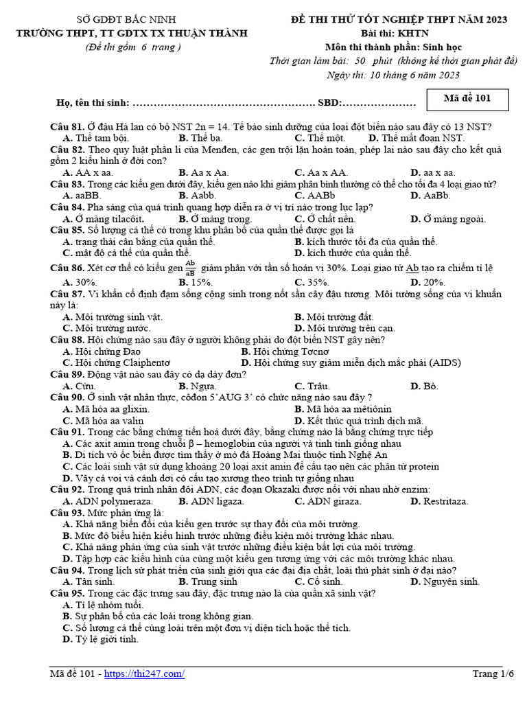 De Thi Thu Tot Nghiep THPT 2023 Mon Sinh Hoc Cum Thuan Thanh Bac Ninh | PDF