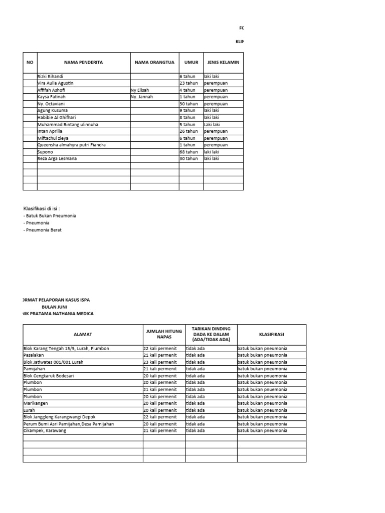 Format Laporan Ispa Dan Diare Untuk DPS, BPS, PPM | PDF