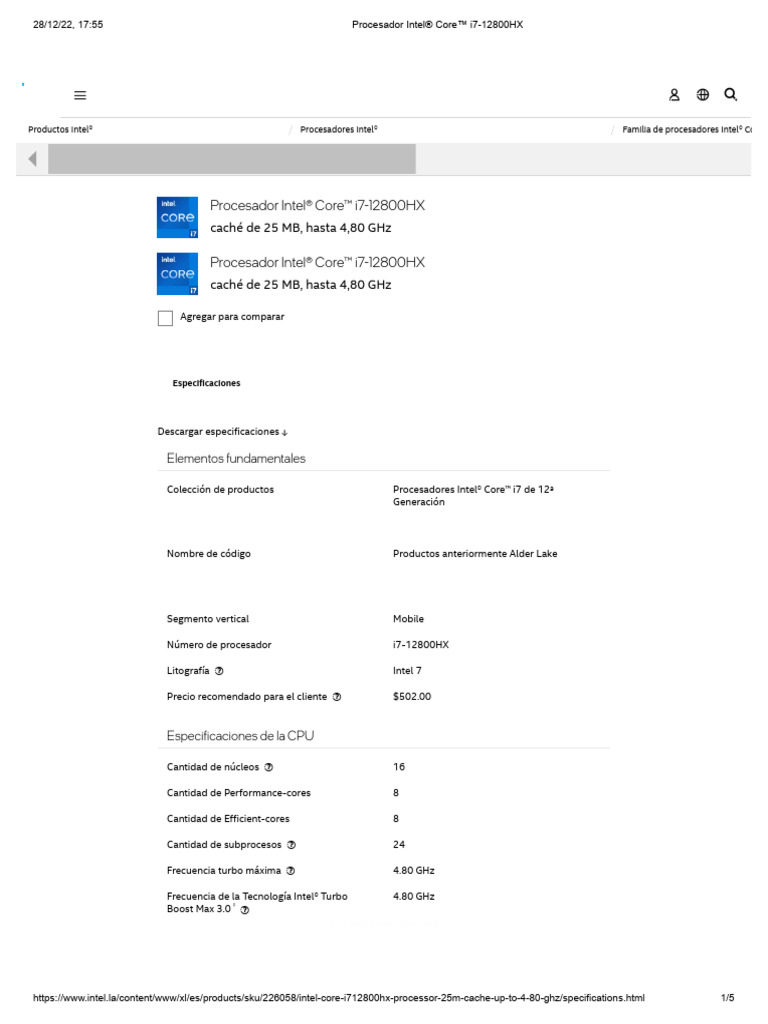 Procesador Intel® Core™ i7-12800HX | PDF