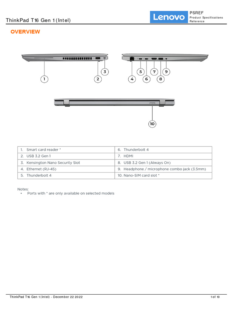 ThinkPad T16 Gen 1 Intel Spec | PDF