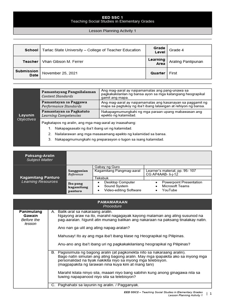 Lesson Plan SSC1 | PDF
