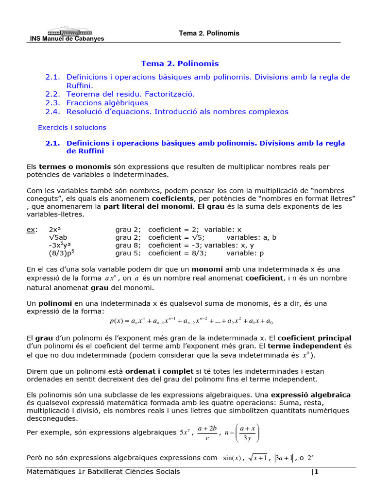 Tema 2 - Polinomis 1r Batx TEORIA | PDF
