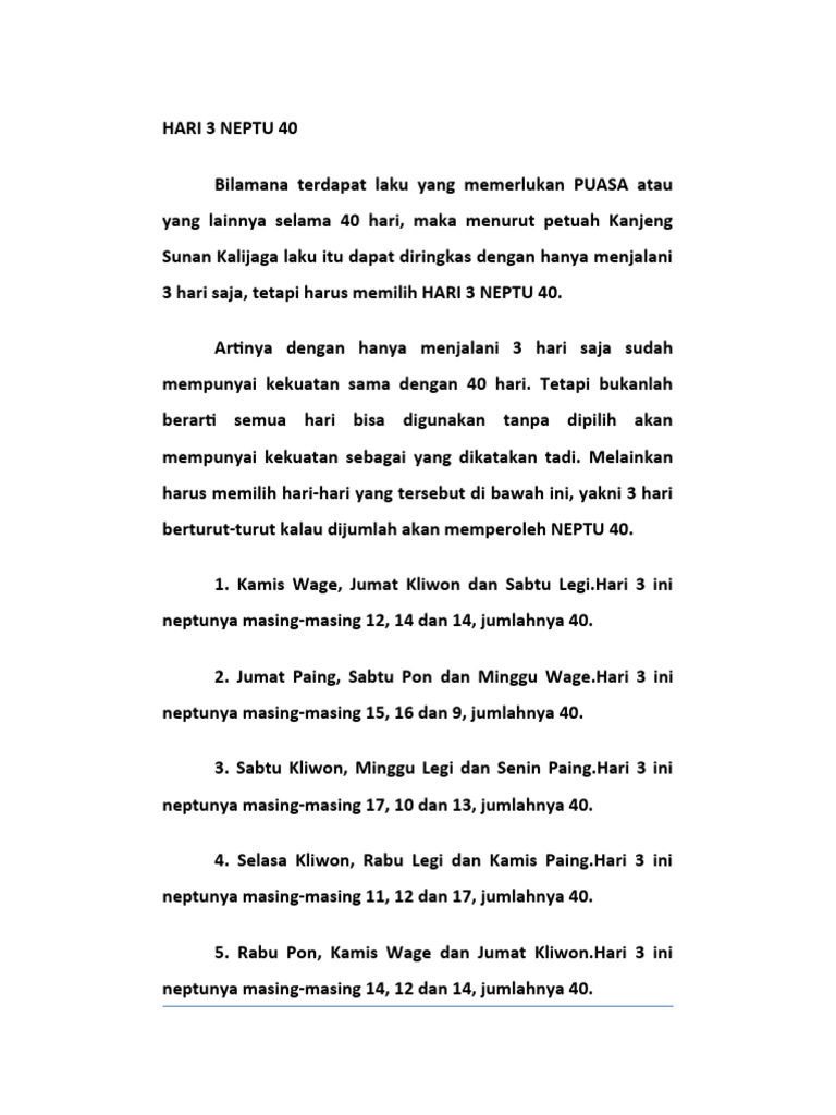 Puasa Neptu 40: Ringkasan dan Manfaat | PDF