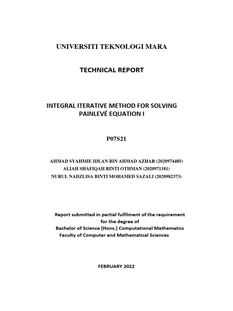 Integral Iterative Method For Solving Painleve Equation I Finalize Pdf