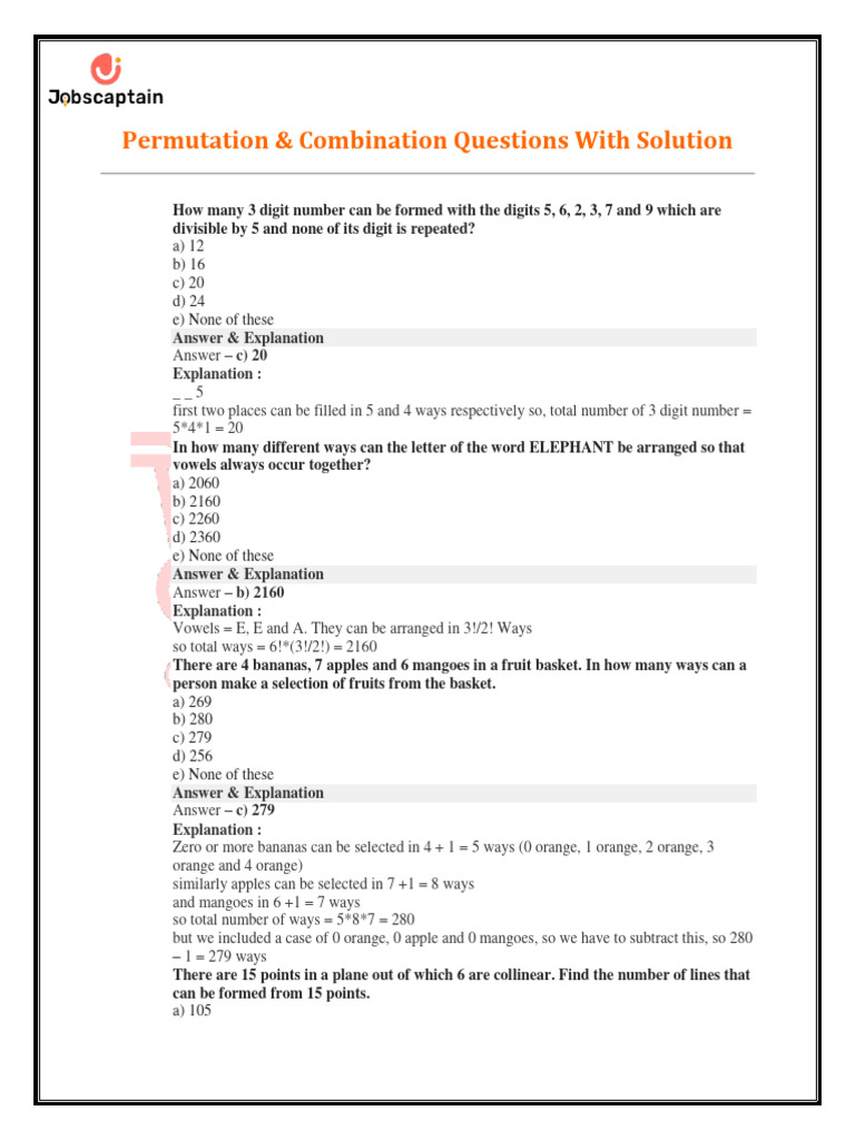 10 1000+ Permutation and Combination PDF (Questions & Solution With ...