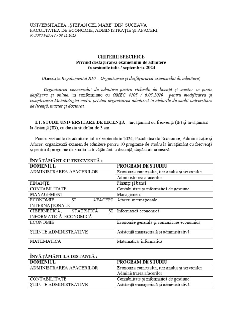 Feaa Admitere 2024 | PDF