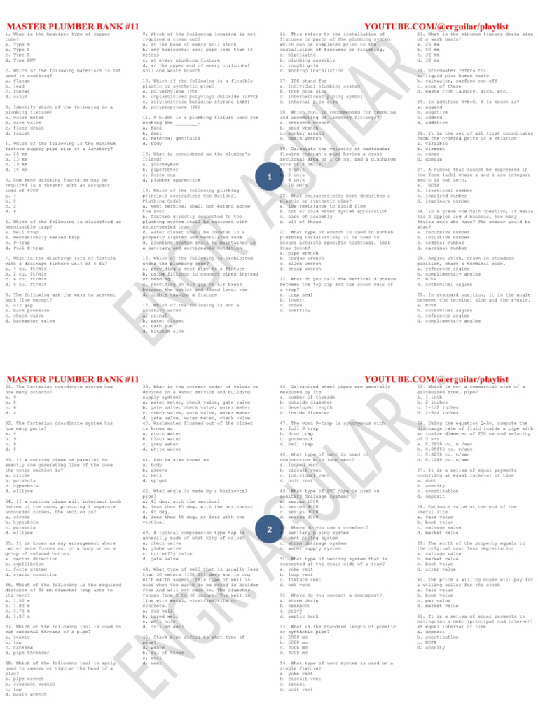 Master Plumber Elements Bank #11-1 | PDF