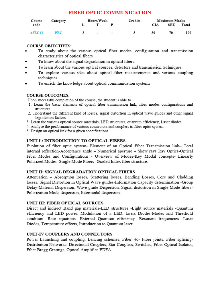 FOC Syllabus | PDF | Fiber Optic Communication | Optical Fiber