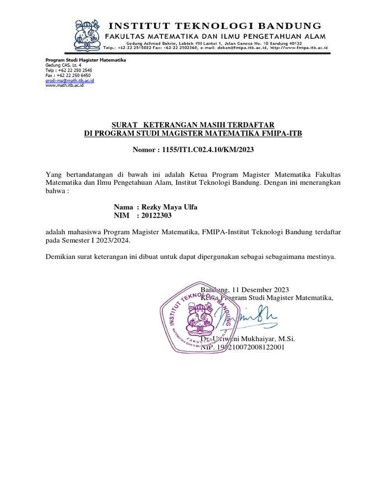 Itb Ulfa Surat Ket Aktif Kuliah 2023 | PDF