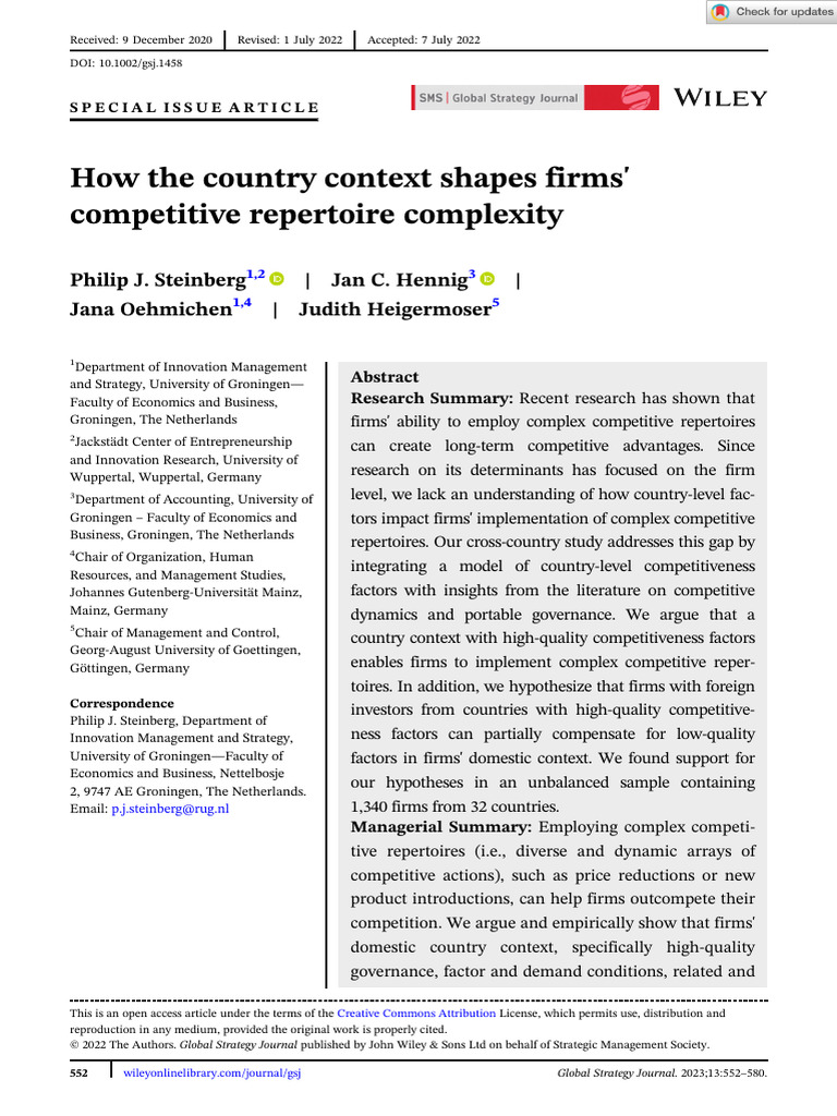 Global Strategy Journal - 2022 - Steinberg - How The Country Context Shapes Firms Competitive ...