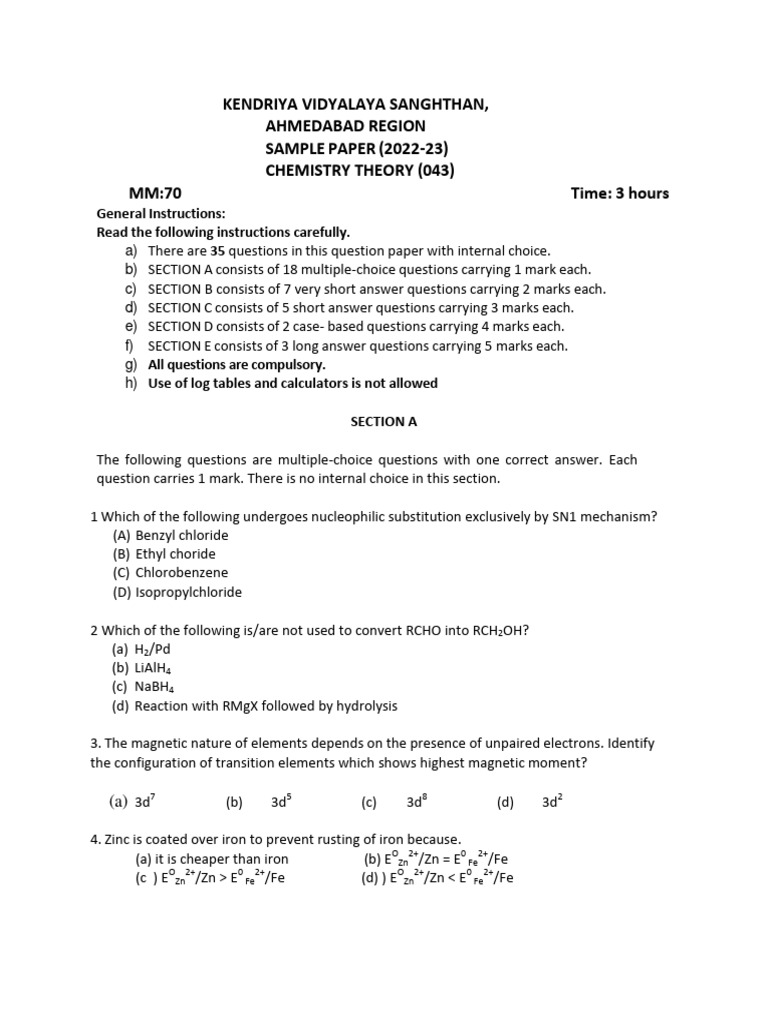 Kendriya Vidyalaya Sanghthan, Ahmedabad Region SAMPLE PAPER (2022-23) Chemistry Theory (043) MM ...