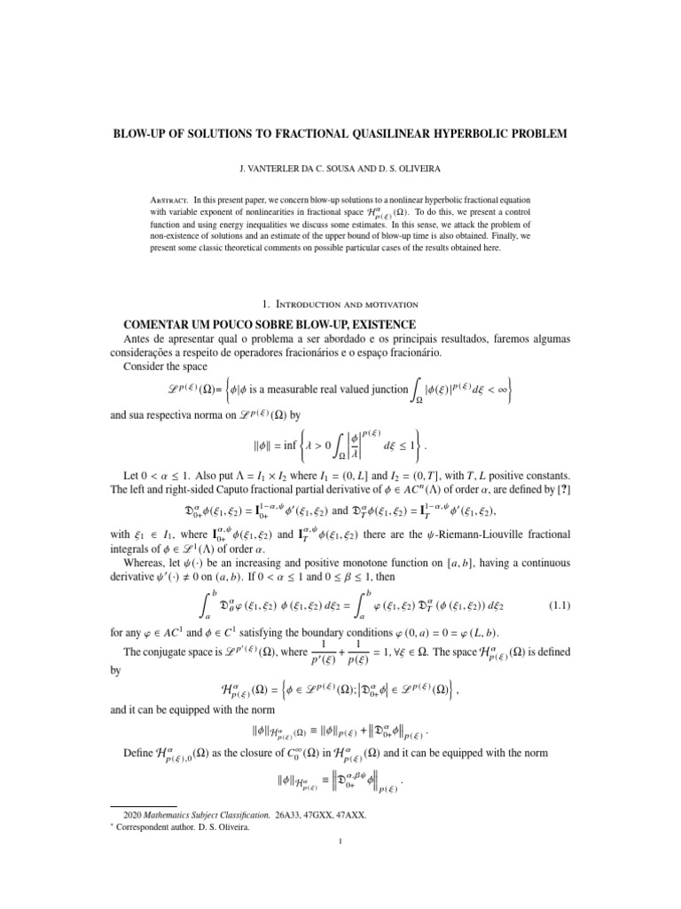 JOSÉ e DANIELA Blow Up of Solutions To Fractional Quasilinear Hyperbolic Problem | PDF ...