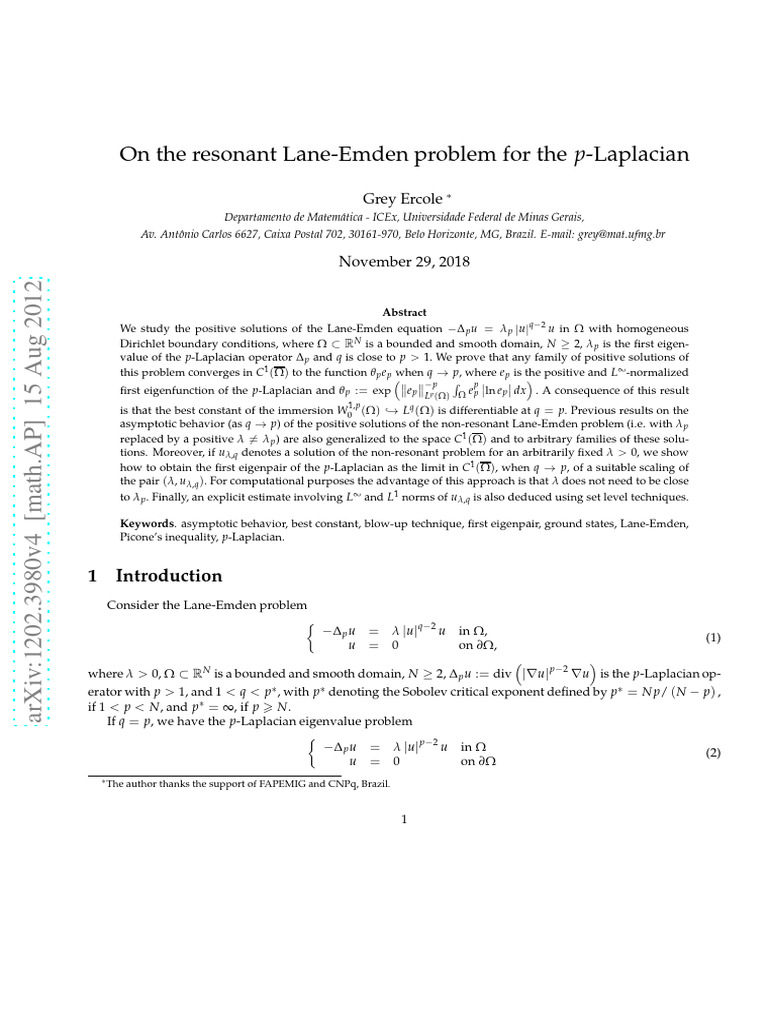 On The Resonant Lane-Emden Problem For The P-Laplacian: Grey Ercole | PDF | Eigenvalues And ...
