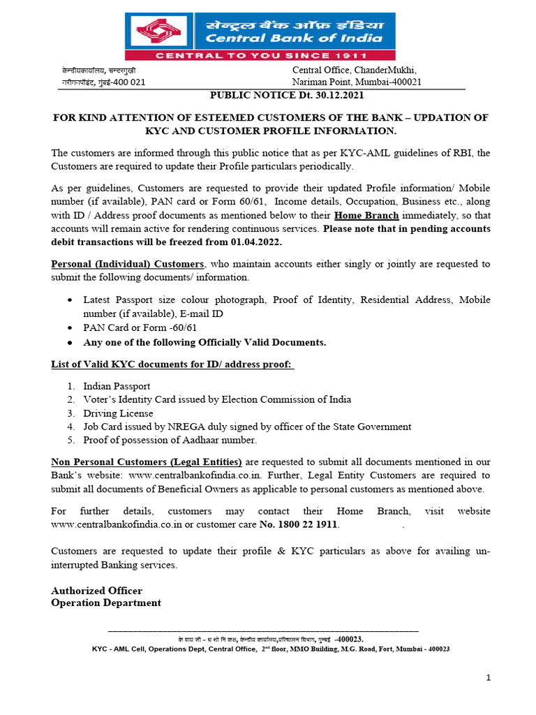 Public Notice For KYC Updation DT 29.12.2021 | PDF | Identity Document ...