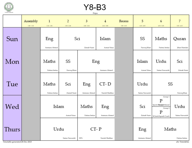 Y8-B3 Timetable | PDF