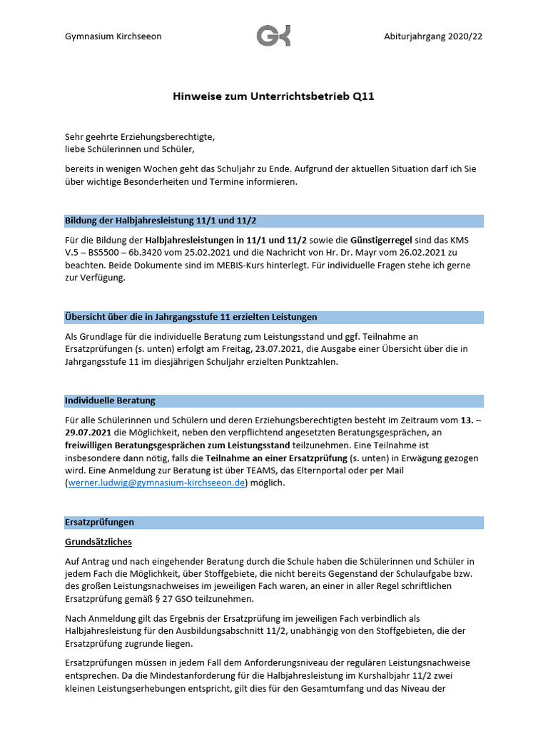 Hinweise Zum Unterrichtsbetrieb Q11 Schueler Juni | PDF