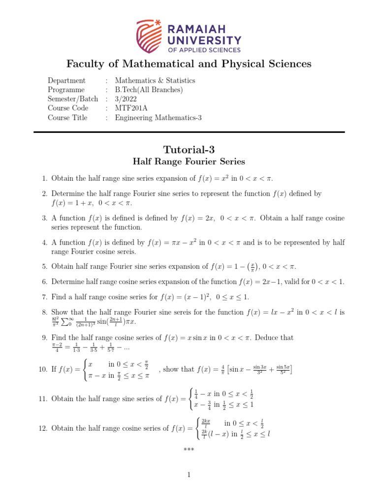 MTF201A - Tutorial-3 (Half Range Fourier Series) | PDF | Mathematical ... MTF201A - Tutorial-3 (Half Range Fourier Series) | PDF | Mathematical ...