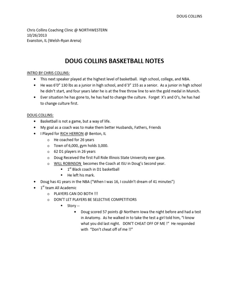 Doug Collins Basketball Notes Shared by Tim Boe | PDF
