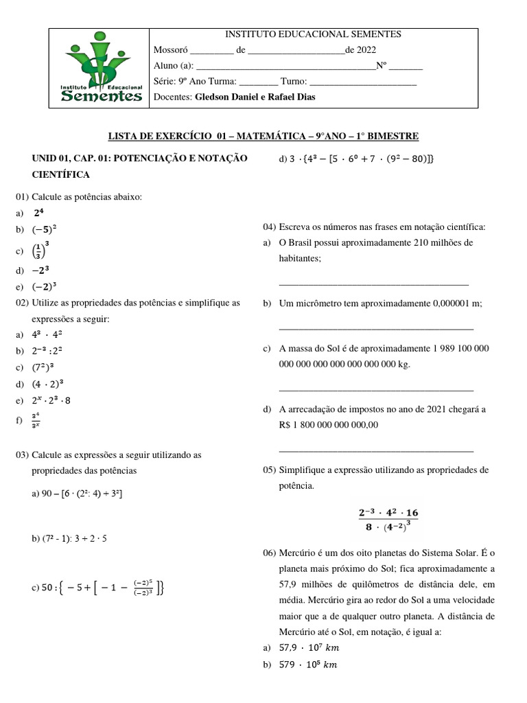 Matemática - 9° Ano - Lista de Exercício 01 | PDF | Vírus | Natureza