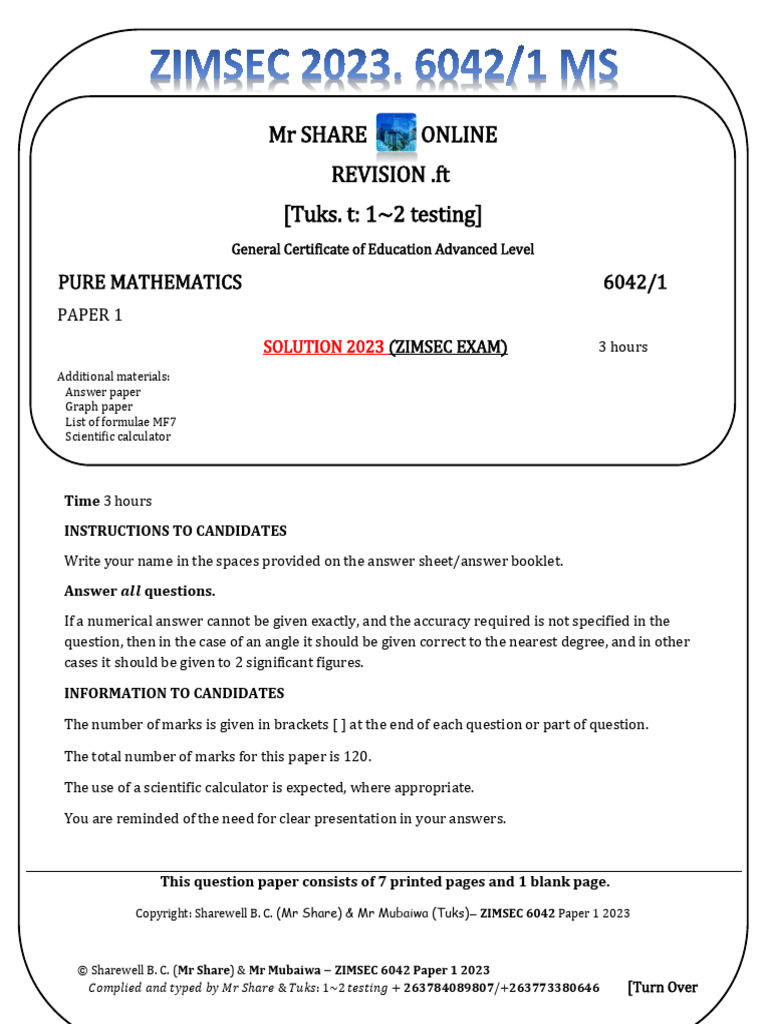 2023 Ms p1 Pure Mathematics Zimsec MR Share & Tuks | Download Free PDF ...