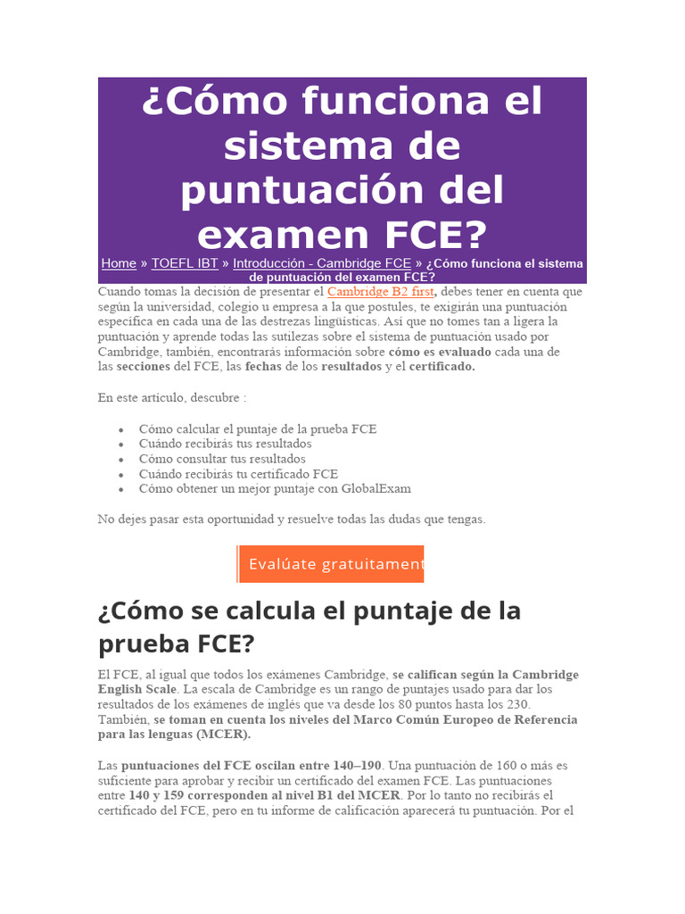 Cómo Funciona El Sistema de Puntuación Del Examen FCE | Descargar gratis PDF | Educación ...