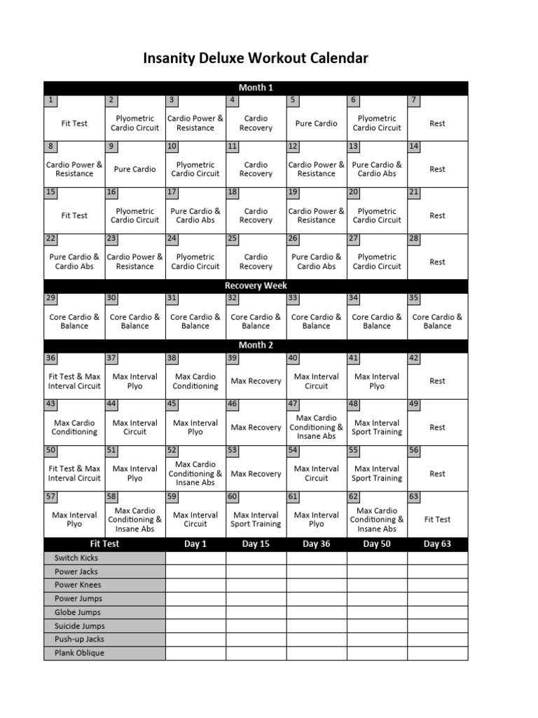 Insanity Deluxe Workout Calendar | PDF | Physical Exercise | Weight ...