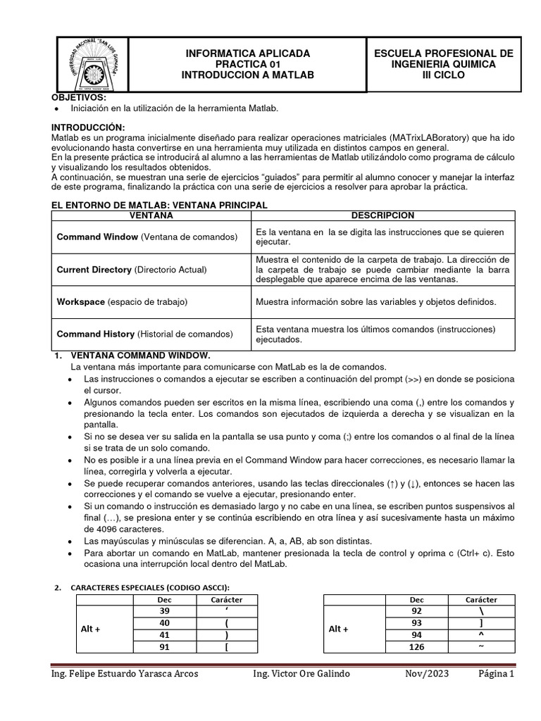 Practica 01 - Matlab - 2023-I | PDF | Matriz (Matemáticas) | Ventana (informática)