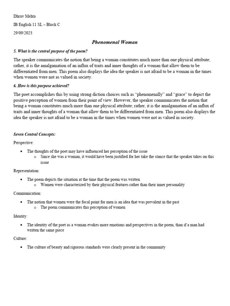 Phenomenal Woman Analysis, IB English 11 SL | PDF Phenomenal Woman Analysis, IB English 11 SL | PDF