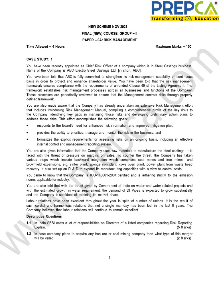 P6 A CA FINAL Risk Management 100A QP Nov23 1695555077900 Be106 | PDF ...