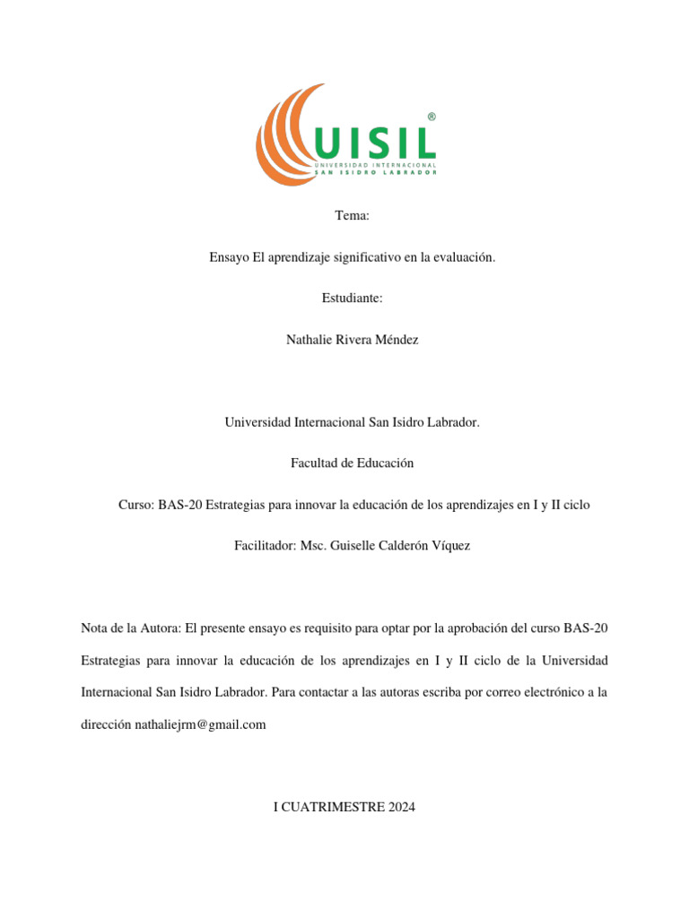 S7135-Ensayo El Aprendizaje Significativo en La Evaluacion | PDF | Aprendizaje | Evaluación