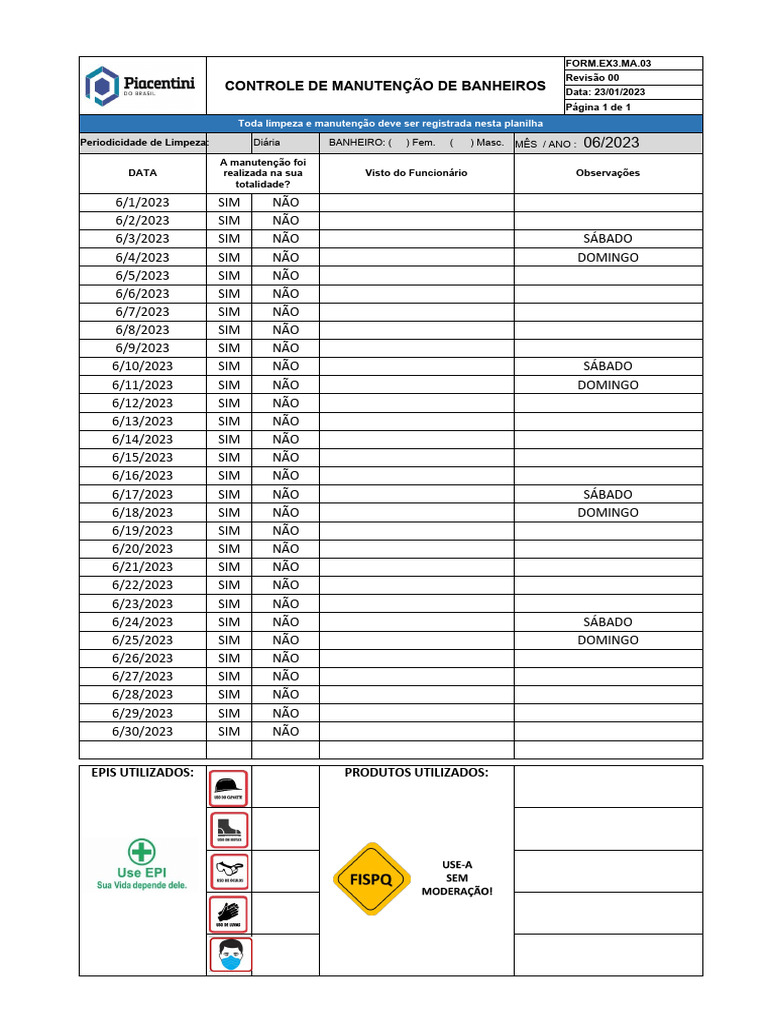FORM - ex3.MA.03 - Controle de Limpeza de Banheiro | PDF