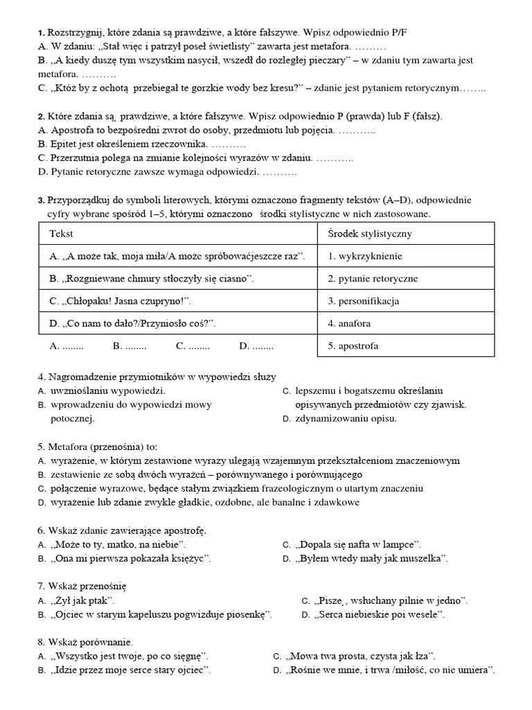 Srodki Stylistyczne - Test | PDF