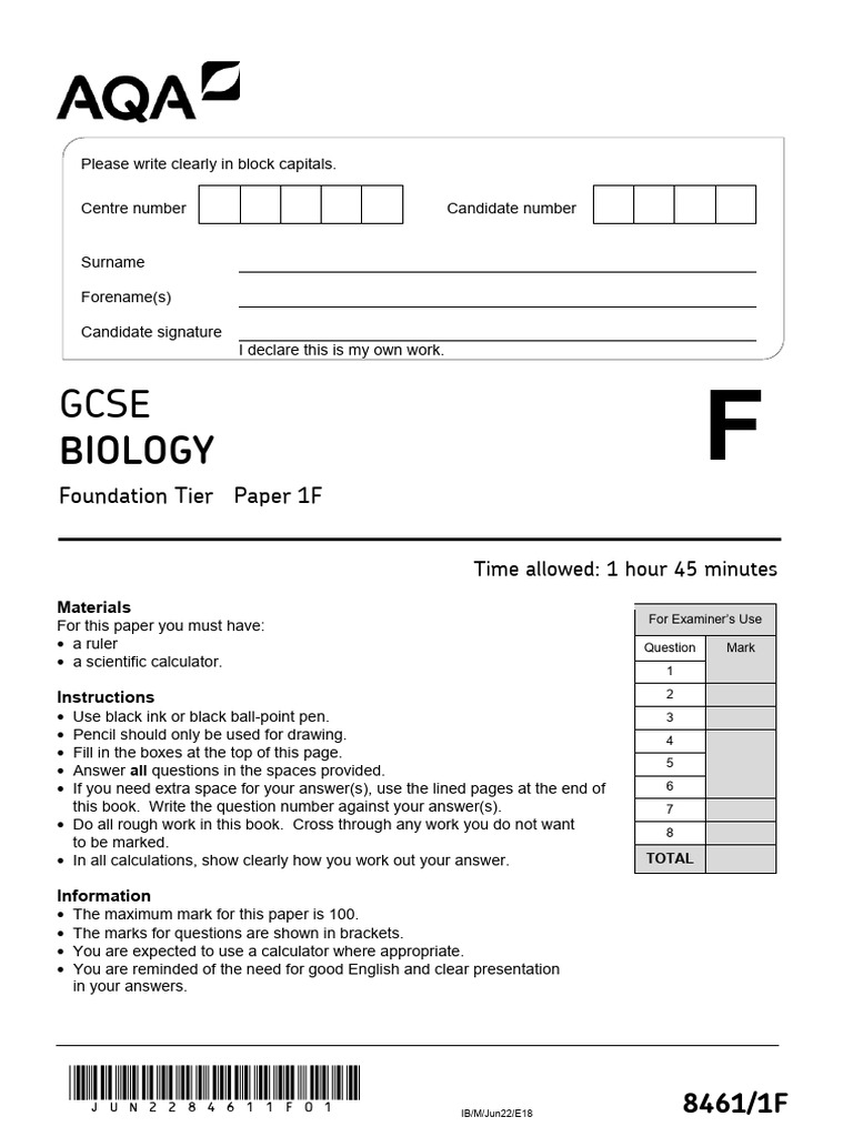 AQA GCSE Biology Foundation Paper 1 June 2022 | Download Free PDF ...