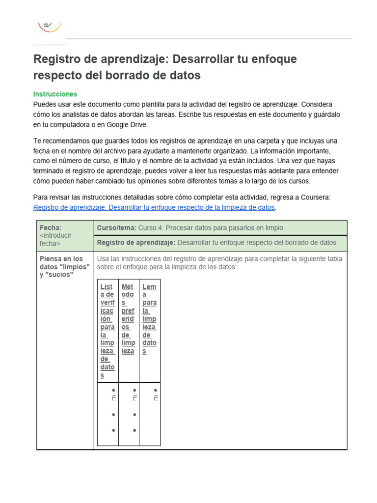 MUgHQJypTnOIB0CcqW5zYQ - Learning Log Template - Develop Your Approach To Cleaning Data - SPA ...