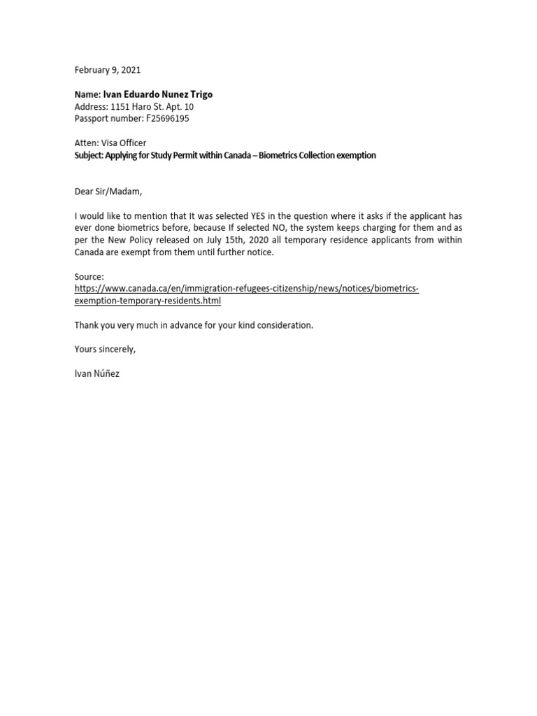 Cover Letter - Within Canada Applications - Biometrics Exemption ...