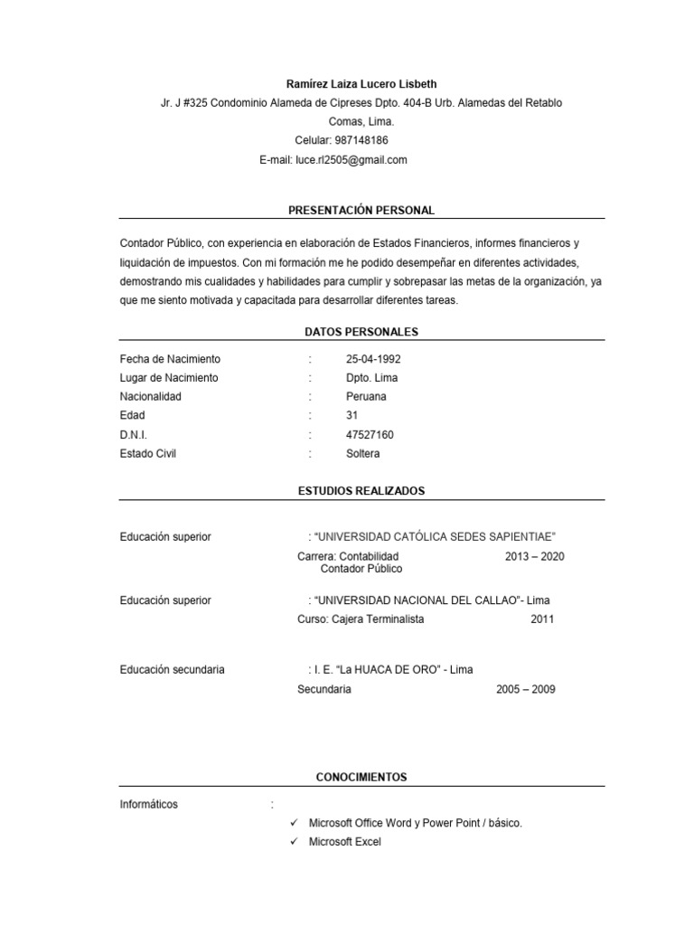 CV - Lucero Ramirez Laiza | PDF | Contabilidad | Contador