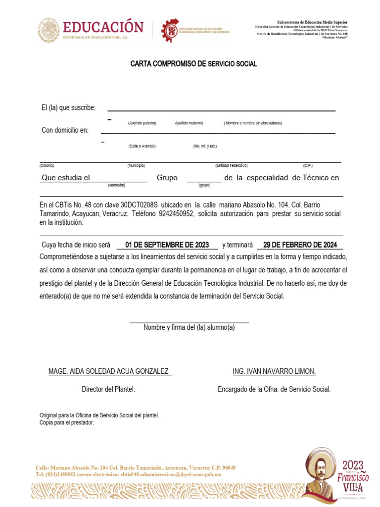 Carta Compromiso Servicio Social CBTis 48 | PDF | Educación Secundaria